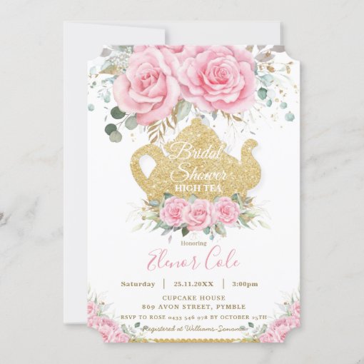 Pink Floral Roses Bridal Shower High Tea Party Invitation | Zazzle