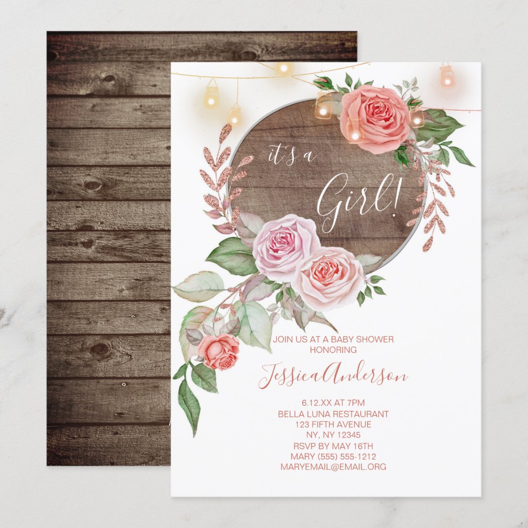 Pink Floral Rustic Baby Shower Invitation | Zazzle