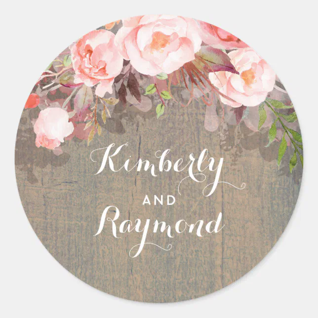Pink Floral Rustic Barn Wedding Classic Round Sticker | Zazzle