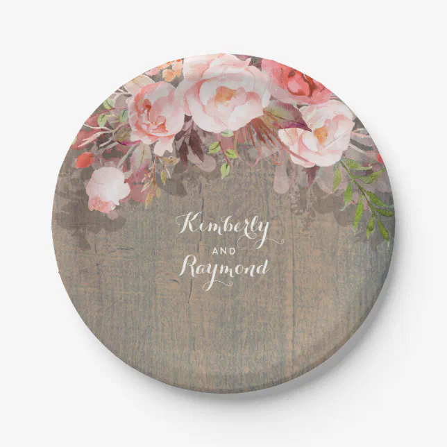 Pink Floral Rustic Wood Country Wedding Paper Plates | Zazzle