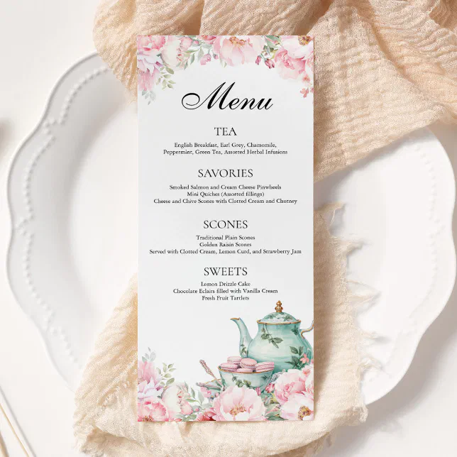 Pink Floral Sage Green Afternoon Tea Party Menu | Zazzle