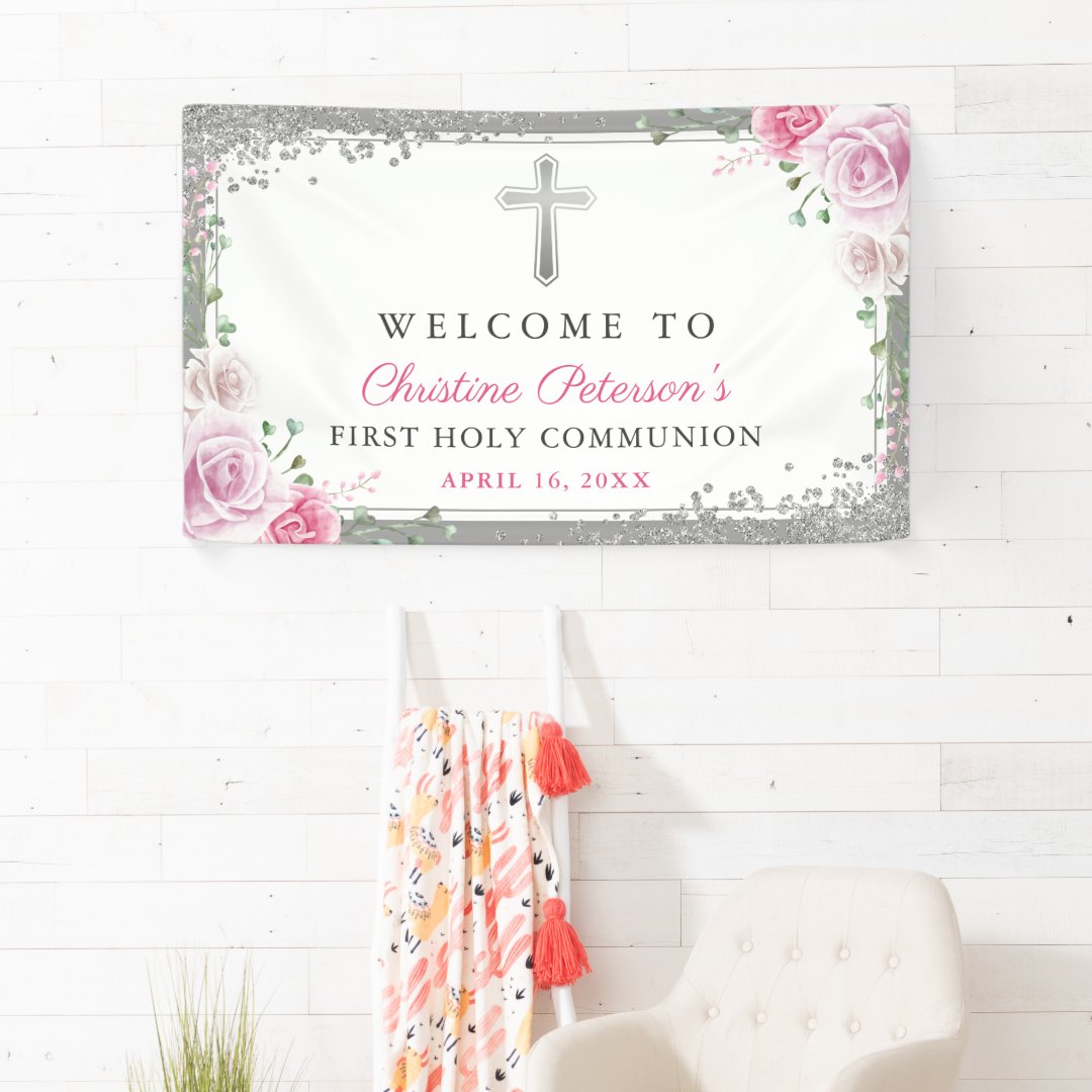 Pink Floral Silver First Holy Communion Welcome Banner | Zazzle