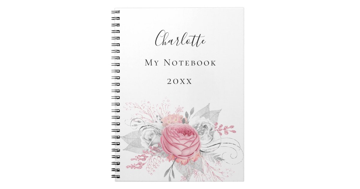 Pink floral silver foliage white name elegant notebook | Zazzle
