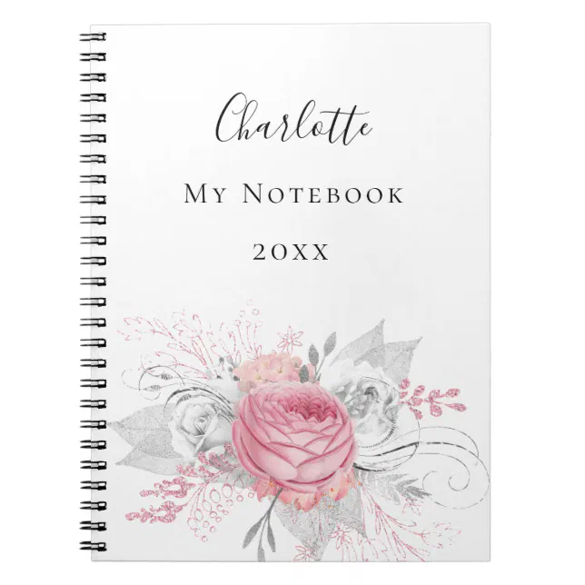 Pink floral silver foliage white name elegant notebook | Zazzle