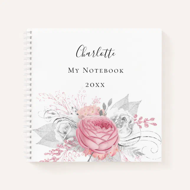Pink floral silver foliage white name elegant notebook | Zazzle