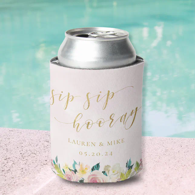 Pink Floral Sip Sip Hooray Bridal Shower Wedding Can Cooler | Zazzle