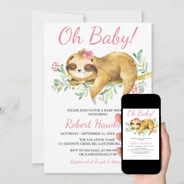 Pink Floral Sloth Baby Shower Invitation | Zazzle