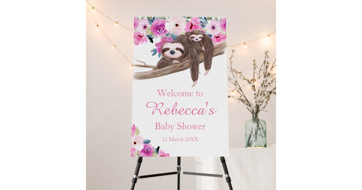 Pink Floral Sloth Baby Shower Welcome Sign | Zazzle