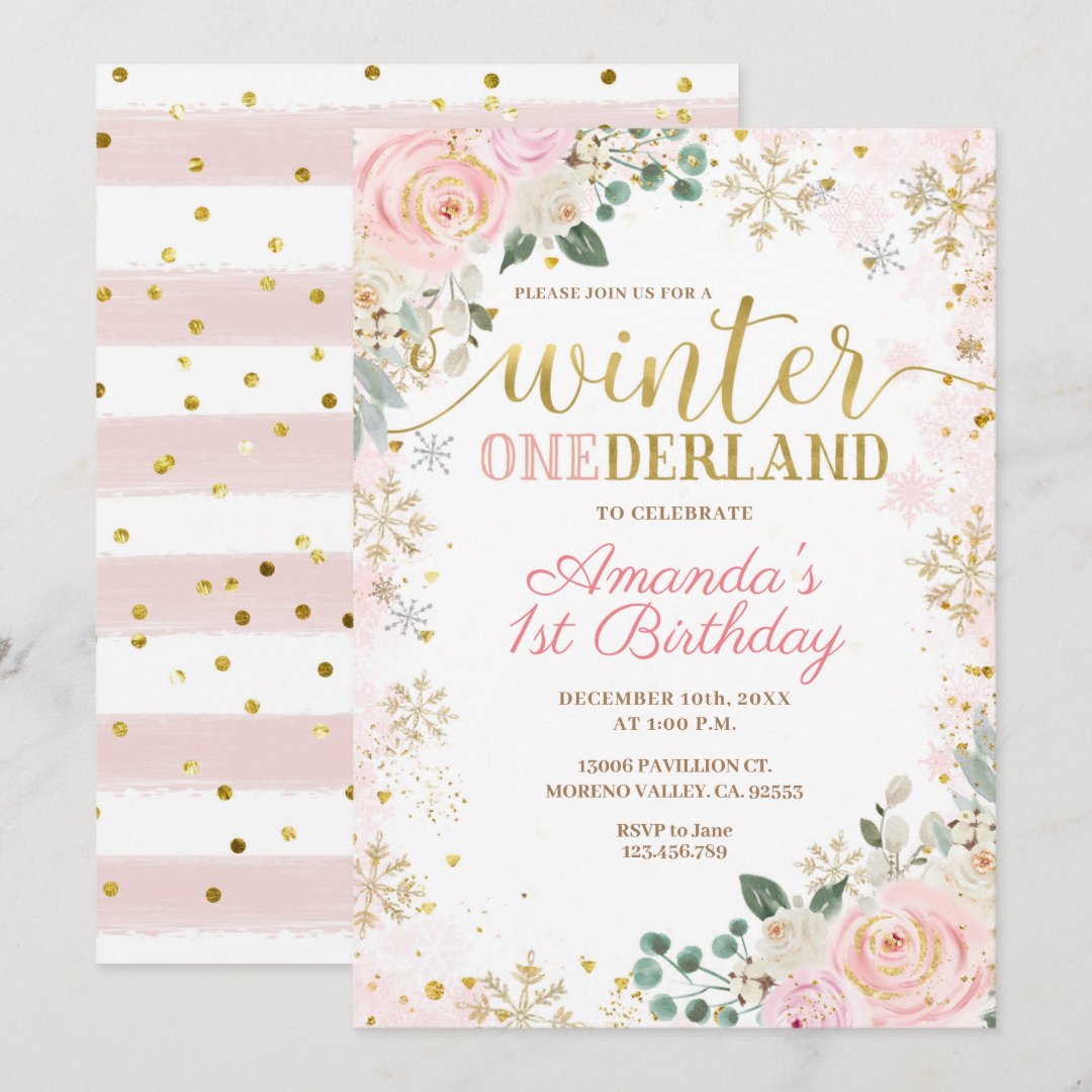 Pink Floral Snowflakes Winter Onederland Birthday Invitation | Zazzle