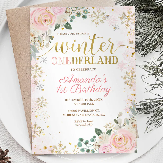 Pink Floral Snowflakes Winter Onederland Birthday Invitation | Zazzle