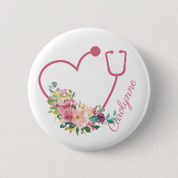 Pink Floral Stethoscope Heart Medical Nurse Button | Zazzle