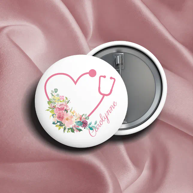 Pink Floral Stethoscope Heart Medical Nurse Button | Zazzle