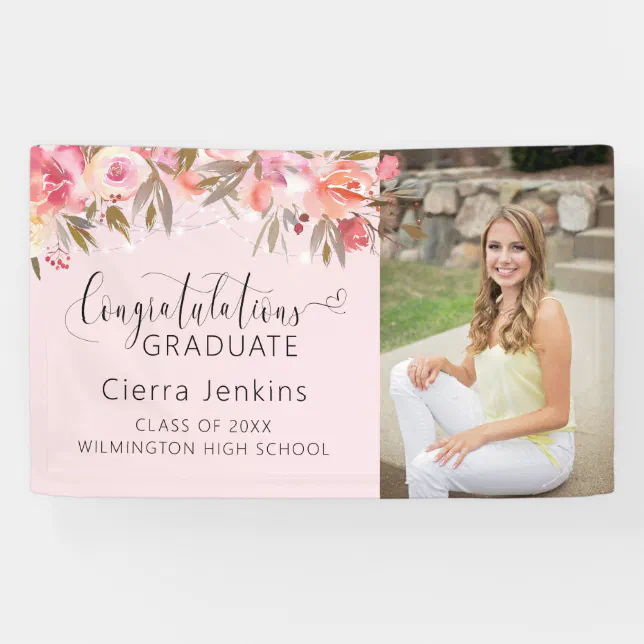 Pink Floral String Light Graduation Banner | Zazzle