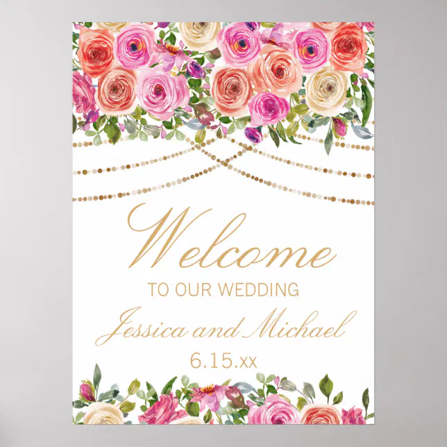 Pink Floral String Lights White Wedding Welcome Poster | Zazzle