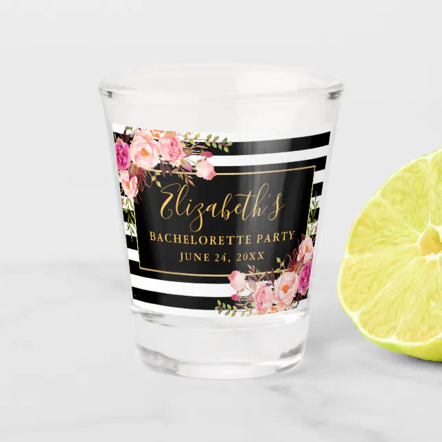 Pink Floral Striped Bachelorette Party Gold Shot Glass | Zazzle