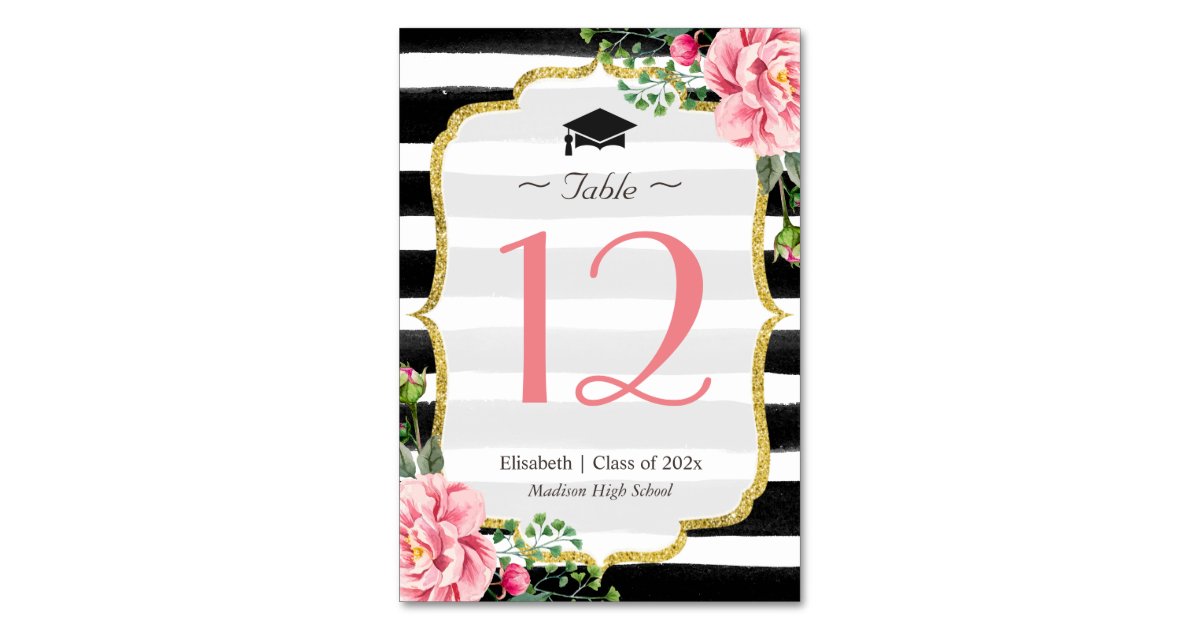 Pink Floral Striped Graduation Table Number | Zazzle