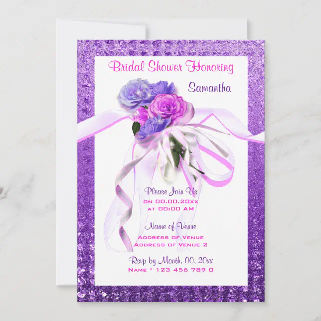 Pink floral stylish purple bridal invitation | Zazzle
