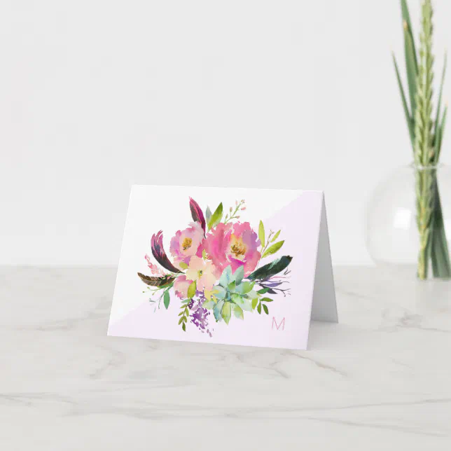 Pink Floral Succulent Monogram Folded Note Card | Zazzle