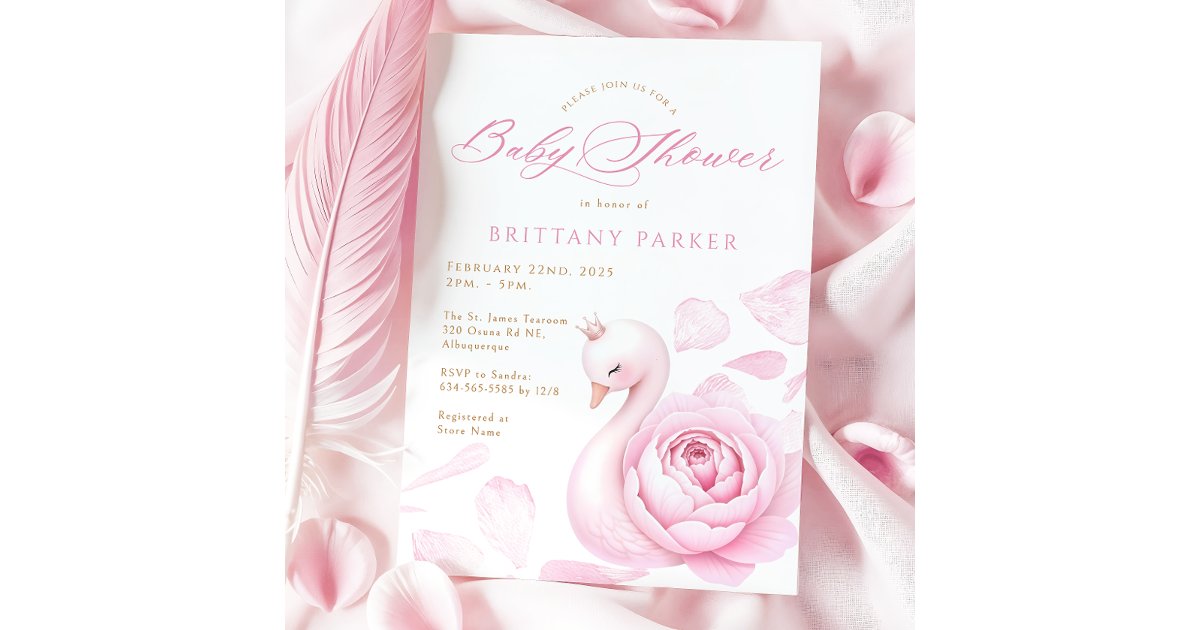 Pink Floral Swan Baby Shower Invitation | Zazzle