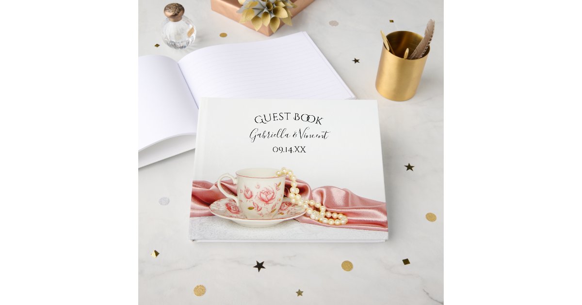 Pink Floral Tea Cup and Pearls Wedding Guest Book | Zazzle