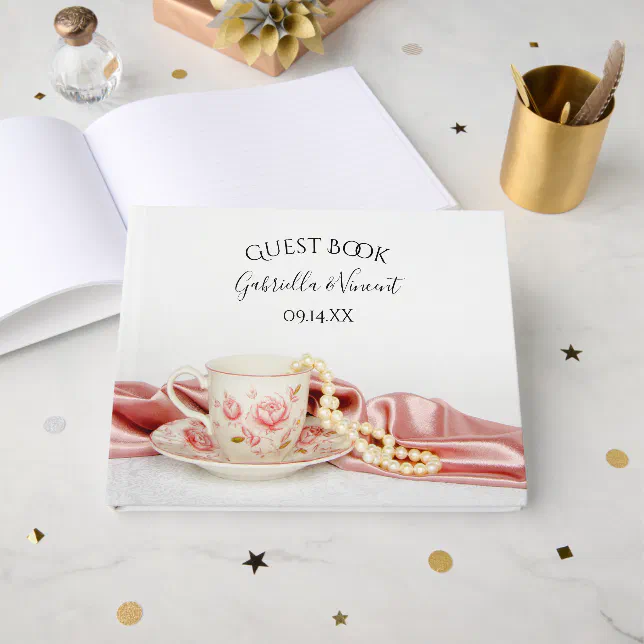 Pink Floral Tea Cup and Pearls Wedding Guest Book | Zazzle