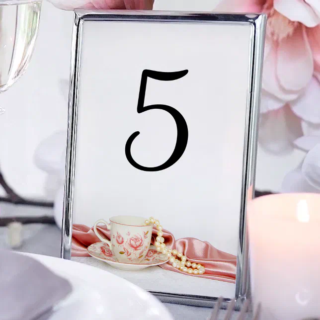 Pink Floral Tea Cup with Pearls Wedding Table Number | Zazzle