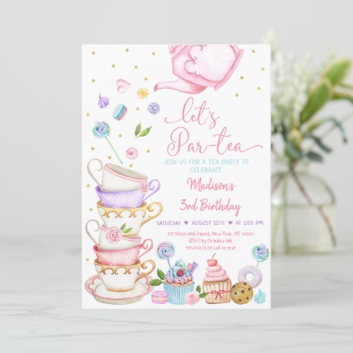 Pink Floral Tea Party Let's Par-tea Birthday Invitation | Zazzle