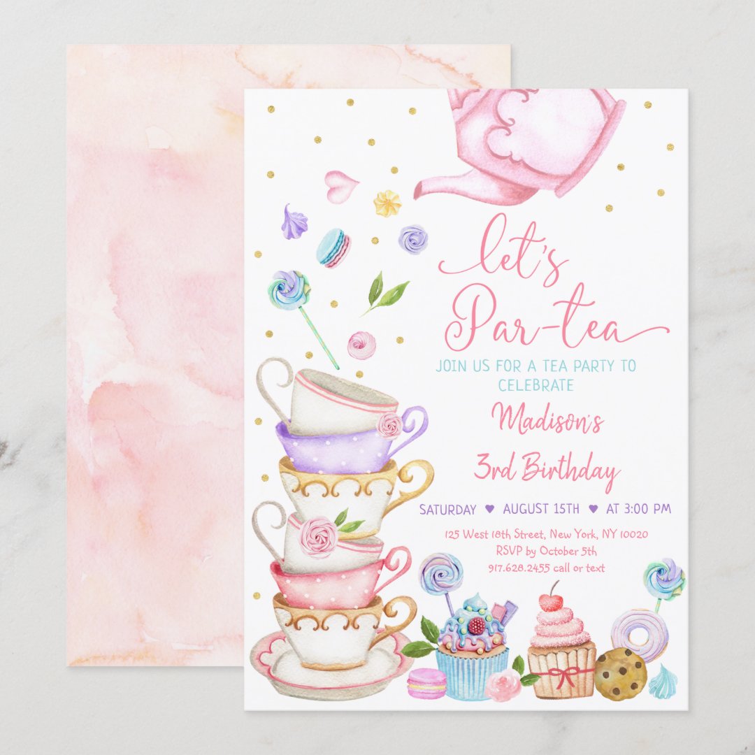 Pink Floral Tea Party Let's Par-tea Birthday Invitation | Zazzle