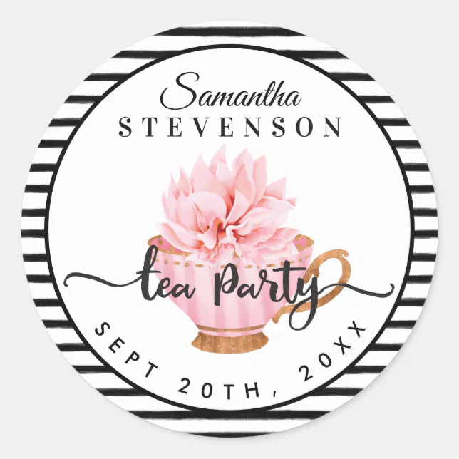 Pink Floral Tea Party Teacup Stripe Baby Shower Classic Round Sticker ...