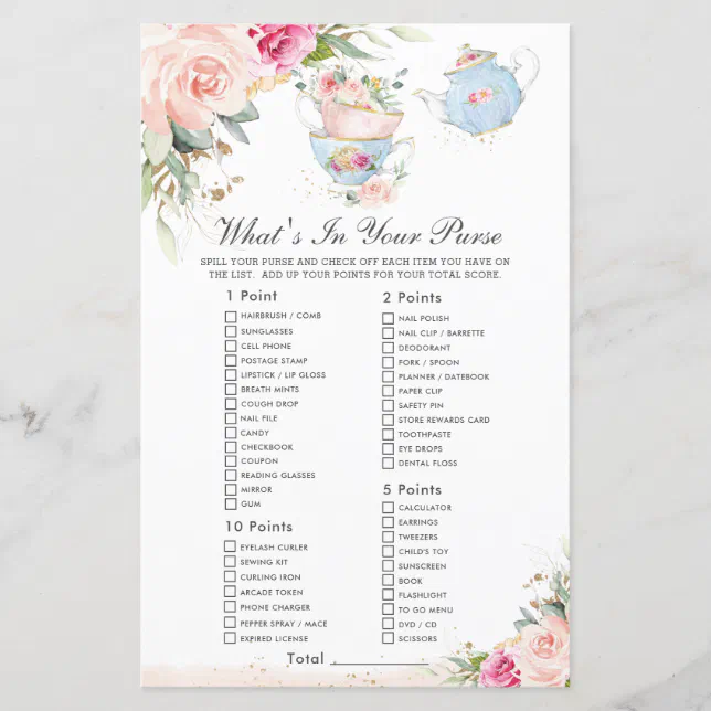 Pink Floral Tea Party What's In Your Purse Game | Zazzle