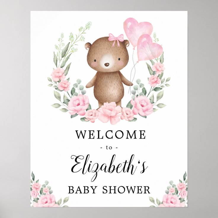 Pink Floral Teddy Bear Girl Baby Shower Welcome Poster | Zazzle