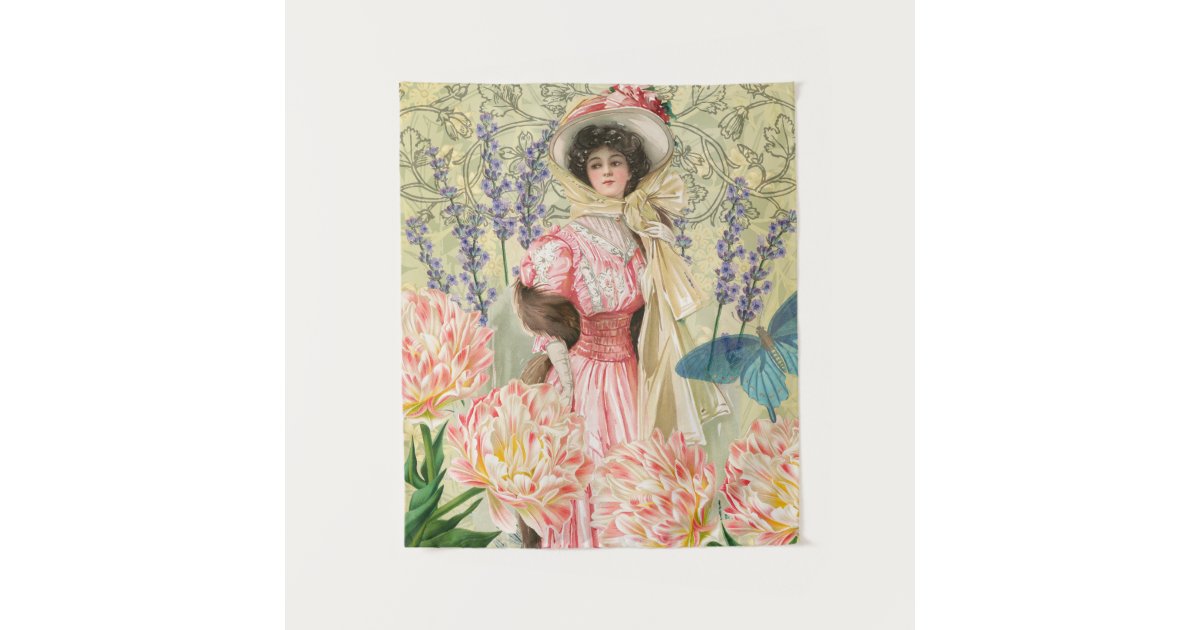 Pink Floral Victorian Woman Regency Tapestry | Zazzle