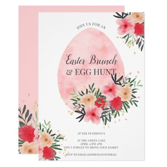 Pink floral watercolor gold easter brunch egg hunt invitation | Zazzle.com