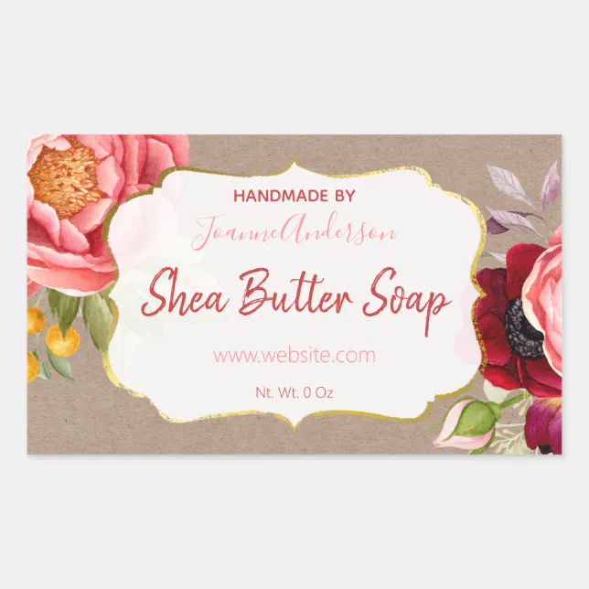 Pink Floral Watercolor On Kraft Shea Butter Soap Rectangular Sticker ...