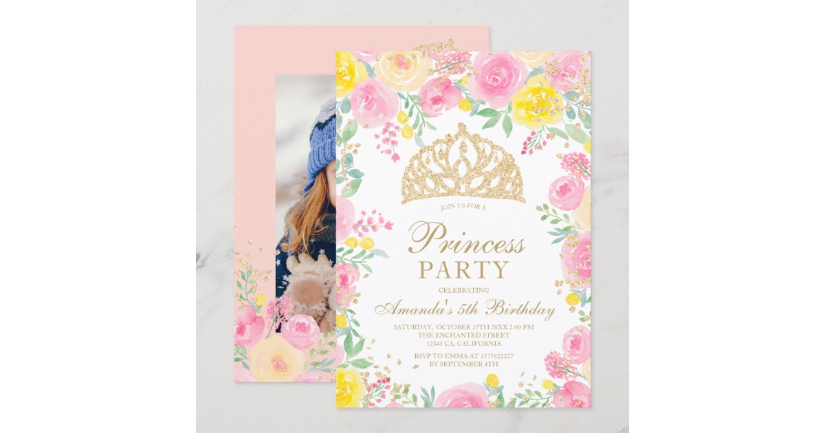Pink floral watercolor photo tiara princess party invitation | Zazzle