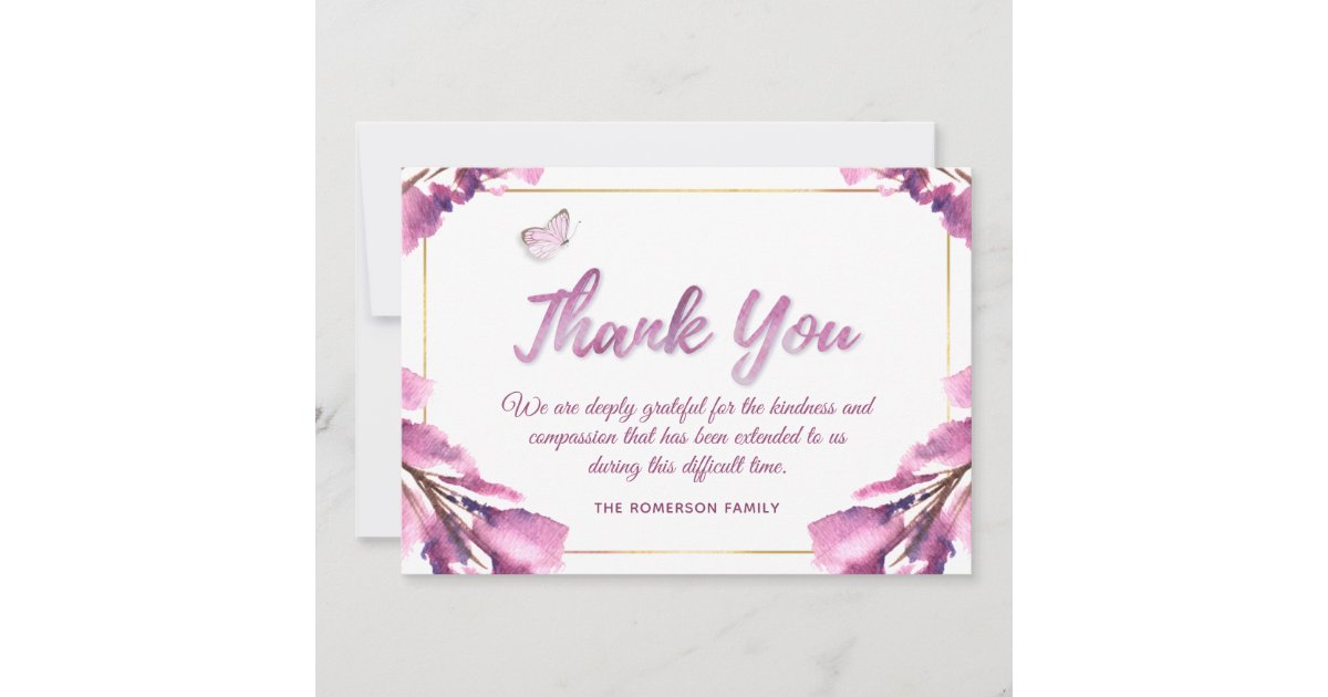Pink Floral Watercolor Thank You In Memory Card | Zazzle