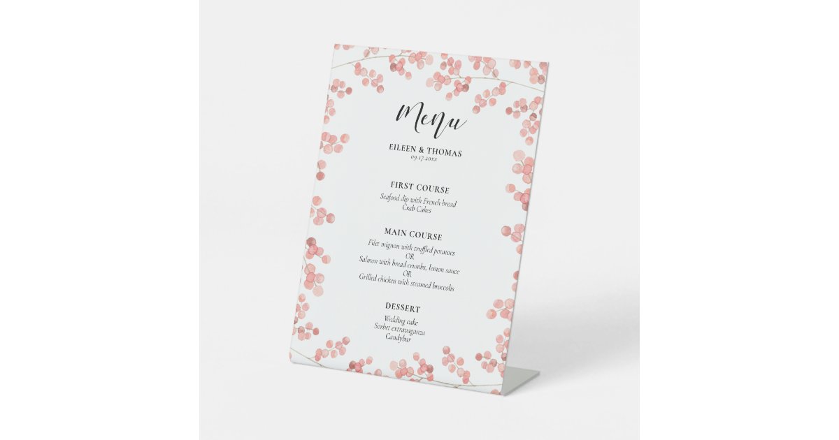 Pink floral watercolor wedding menu pedestal sign | Zazzle