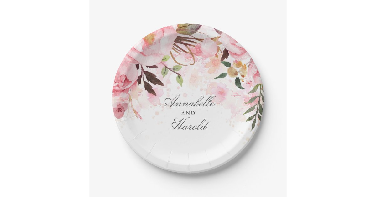 Pink Floral Watercolor Wedding Paper Plates | Zazzle