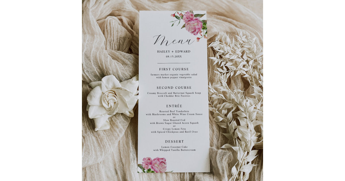 Pink Floral Wedding Dinner Menu | Zazzle