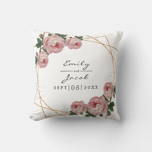 Pink Floral Wedding Elegant Gold Glitter Geometric Throw Pillow | Zazzle