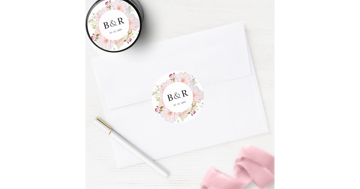 Pink Floral Wedding Envelope Seal / Favor Sticker | Zazzle