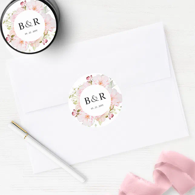 Pink Floral Wedding Envelope Seal / Favor Sticker | Zazzle