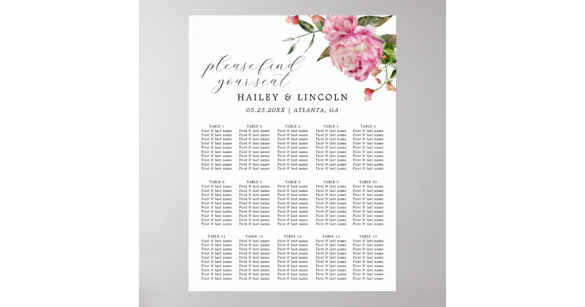 Pink Floral Wedding Seating Chart | Zazzle