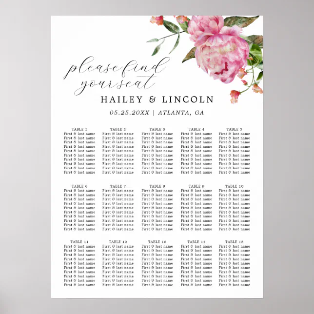 Pink Floral Wedding Seating Chart | Zazzle