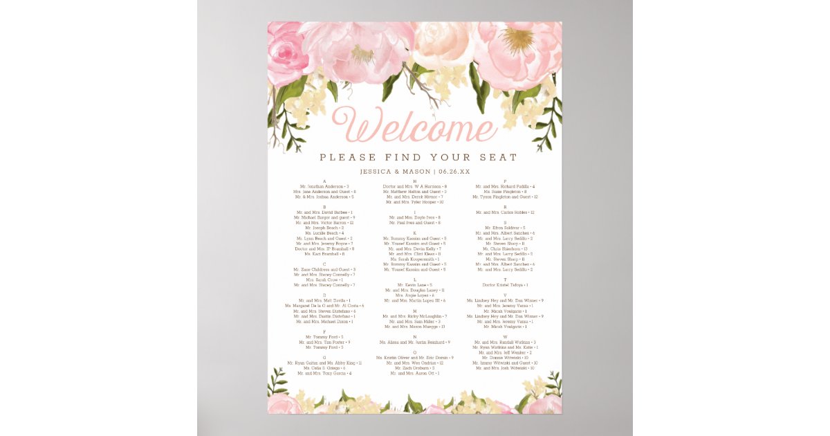 Pink Floral Wedding Seating Chart | Zazzle