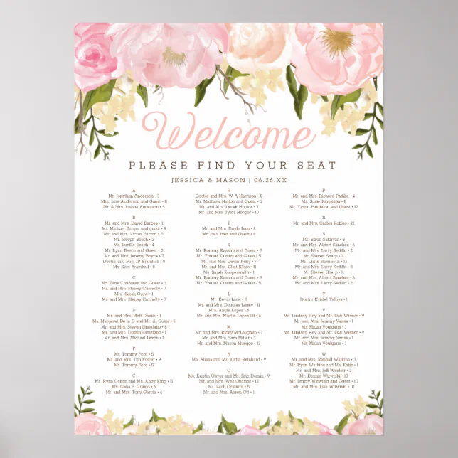 Pink Floral Wedding Seating Chart | Zazzle