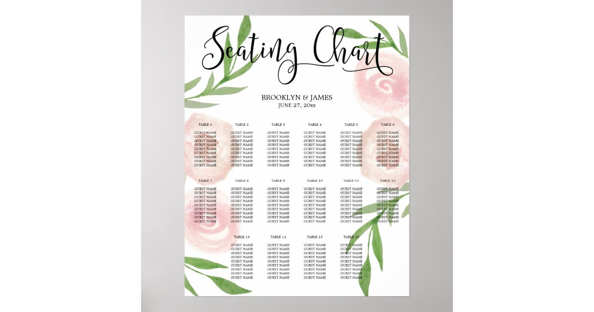 Pink Floral Wedding Seating Chart Poster 16x20 | Zazzle