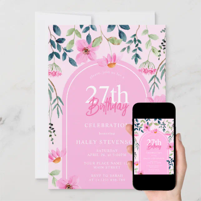Pink Floral Wildflower Girly Elegant 27th Birthday Invitation | Zazzle