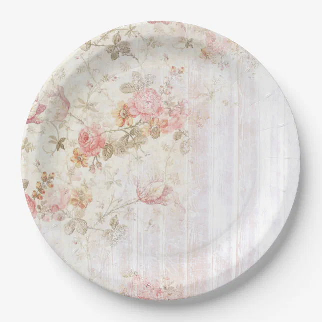 Pink Floral & Wood Shabby Chic Paper Plate | Zazzle