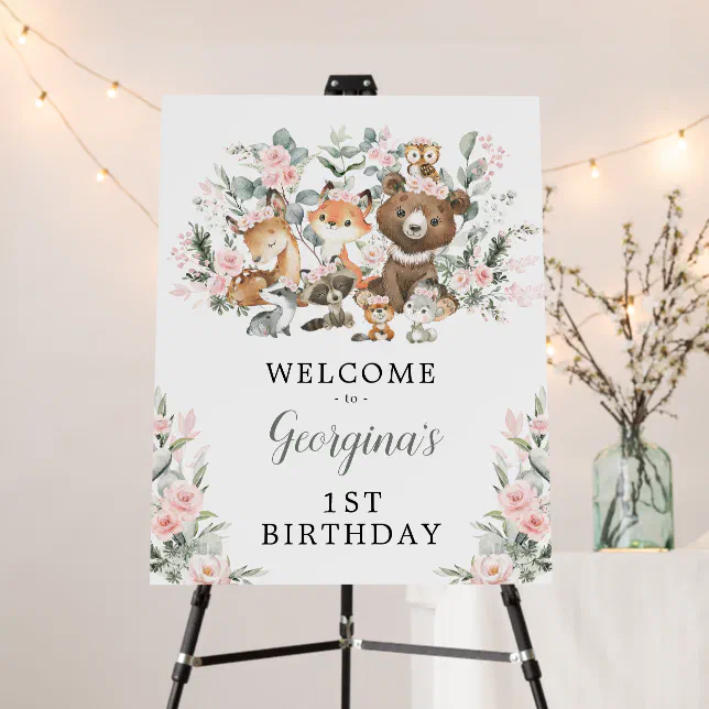 Pink Floral Woodland Animals 1st Birthday Welcome Foam Board | Zazzle